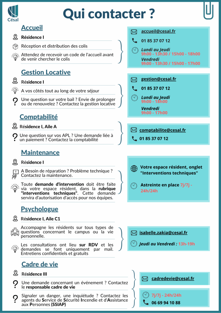 Qui contacter ? - Résidences Césal - Saclay